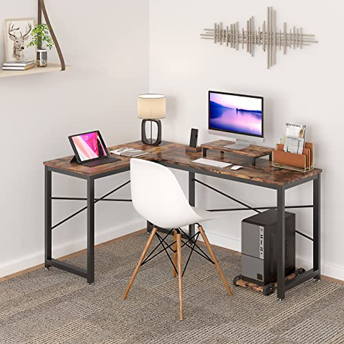 HEEYUE Computer Desk, L Shaped Desk with Large Desktop, Corner Table with Monitor Stand PC Laptop Table Computer Workstation for Home Office (Rustic Brown)