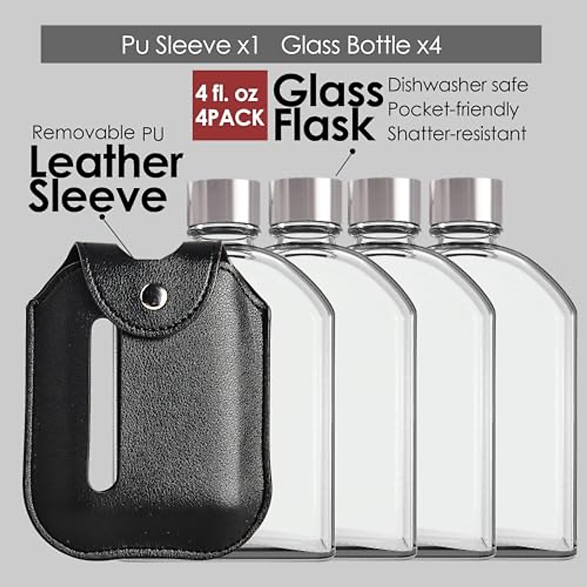 Delove Small Modern Glass Hip Flask with Removable Leather Sleeve - Durable Whiskey Flask for Men & Women - Leather Glass Flask for Liquor & Spirits,Wine (4oz x 4, Black)