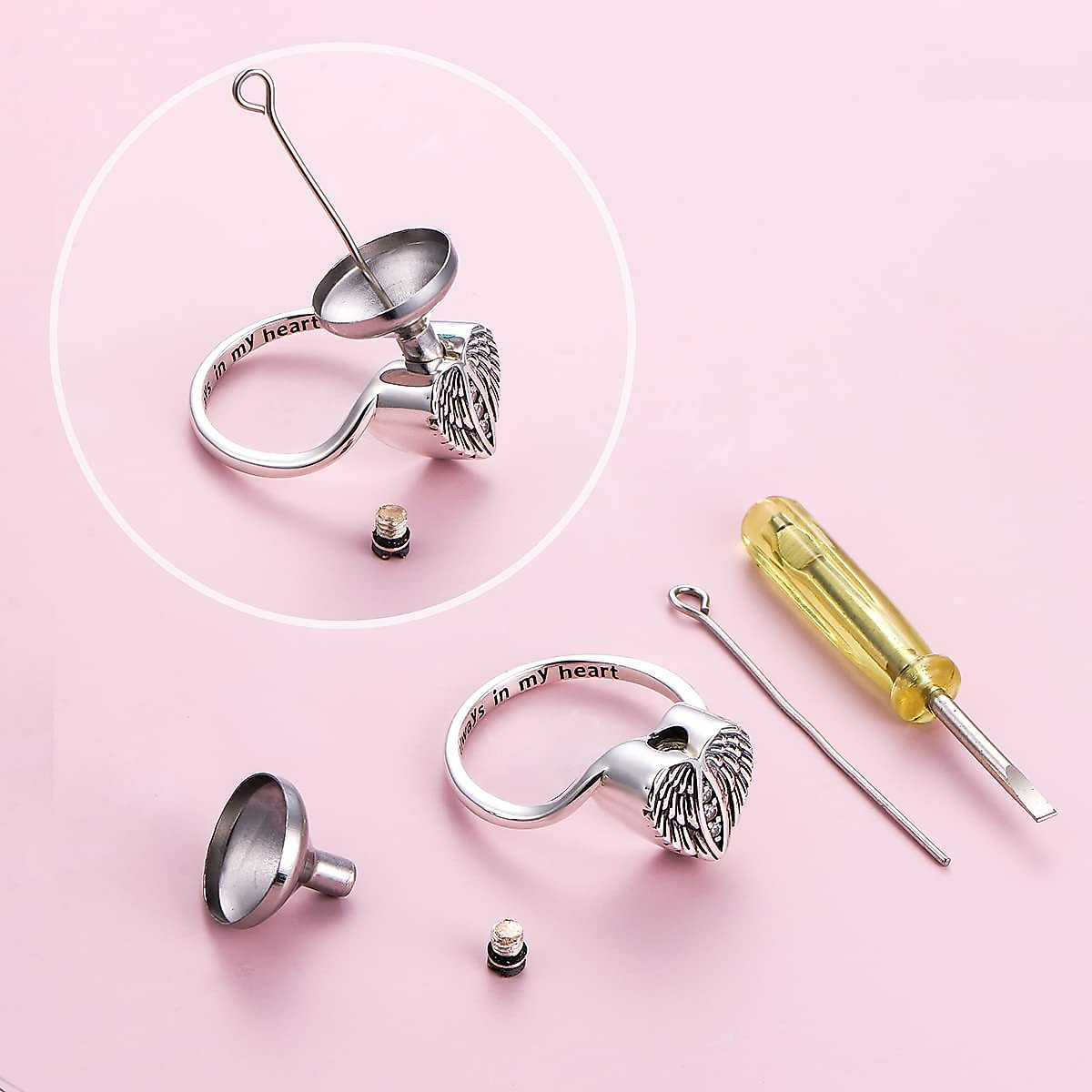 925 Sterling Silver Angel Wings Urn Heart Ring Hold Loved Ones Ashes Always in My Heart Keepsake Memorial Jewelry Cremation Rings for Women（8）