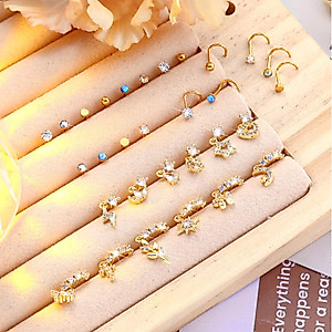 Trnayi 30 Pcs 20g Dangle Nose Rings Hoops l Shaped Dangling Nose Piercings Jewelry for Women Cute Nose Ring Stud Hoop Indian Nose Screw Surgical Steel Nose Ring with Charm(Gold)