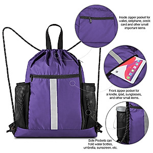 BeeGreen Purple String Bag Sack Gym Backpack with Shoe Compartment and Two Water Bottle Holder for Men Women Lightweight Durable Drawstring Cinch Sackpack