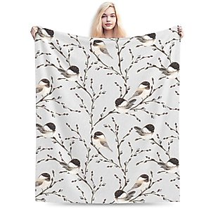 Willow Branches Birds Black Capped Chickadee Throw Blanket Super Soft Cozy Fuzzy Flannel Blanket Girls Boys Teens Plush Throw Blankets for Couch Bed Sofa All Season Room Decor Gifts 60"x50"