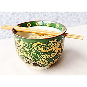 Ebros Gift Colorful Green And Yellow River Koi Fishes With Crystals Ramen Udong Noodles Bowl With Built In Chopsticks Rest and Bamboo Chopstick Set for Kitchen Dining Soup Rice Meal Bowls (1)