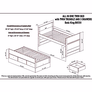 Bedz King All in One Twin Bed with Twin Trundle and 3 Built in Drawers, Weathered Black