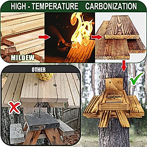 Carbonized Wood Squirrel Feeder, Squirrel Feeders for Outside Durable squrrill Picnic Table with Solid Structure Waterproof Chipmunk Feeder with Corn Cob Holder, Fenced Tabletop for Holding Peanuts