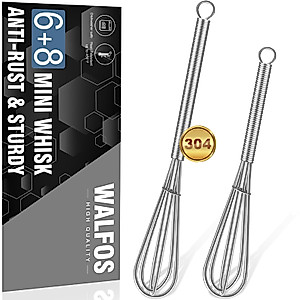 Walfos Mini Whisk,Non-Rust Whisk,304 Stainless steel Small Whisk.Heat Resistant 450℉.6+8Inch Tiny whisk Nice for Whisking, Blending Ingredients, Beating, Mixing Sauces (Silver)