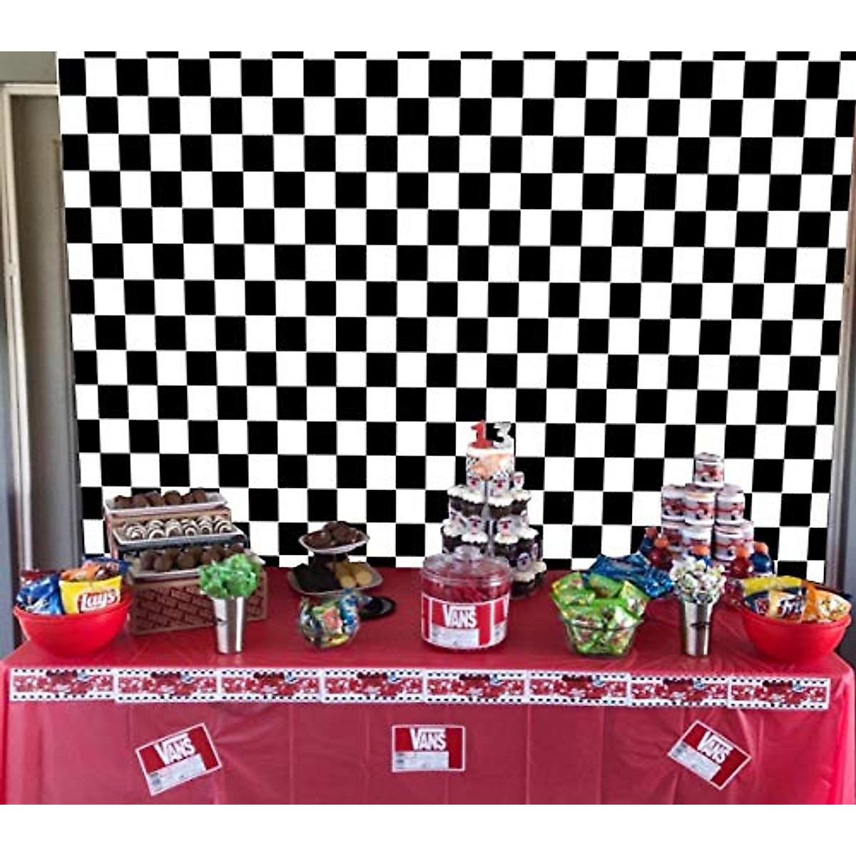 Black and WhiteRacing Checker Texture Grid Birthday Chess Board Theme Photography Backdrops 7X5ft Children Kids Birthday Party Supplies Newborn Baby Shower Banner Photo Background Booth Props Vinyl