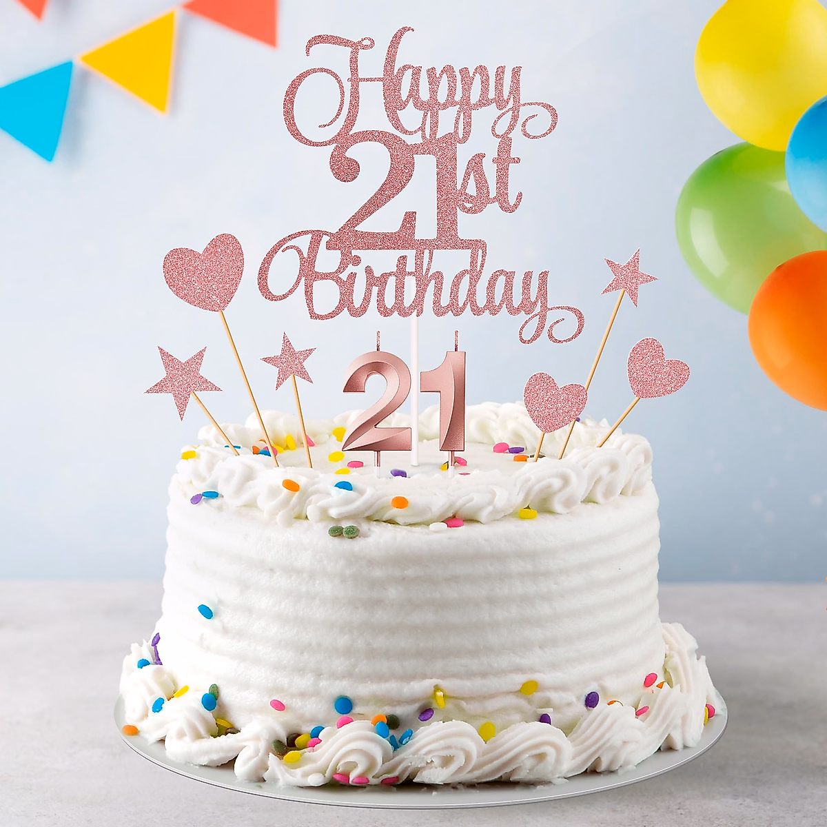 Lecferrarc 21st Birthday Cake Decorations, 21st Birthday Candles Cake Numeral Candles and Glitter Happy 21st Birthday Cake Toppers Set for Birthday Party Supplies (Rose Gold)