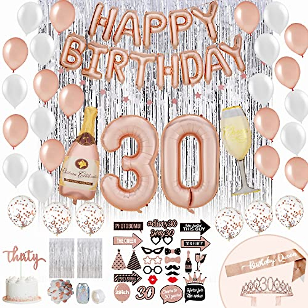 PartyHooman 30th Birthday Decorations for Women With 30th Birthday Sash and Rhinestone Tiara | 30th Birthday Balloons, 2 Pcs Foil Backdrops with 25 pre-assembled photoshoot props | Dirty 30 Birthday