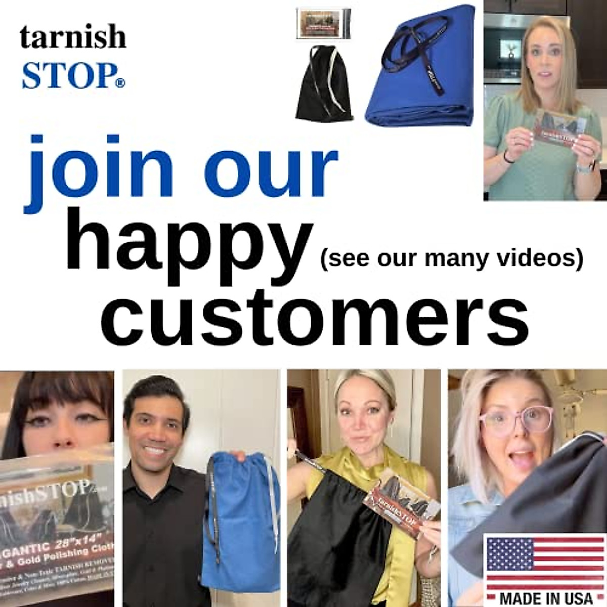 15.00 Savings, TarnishSTOP, USA Made, Bundle (3) Anti-Tarnish Prevention Cloth Storage Bags (Small, Medium and Large) + (1) Gigantic Silver Polishing Cloth For Silverplate & Sterling Silver, Blue