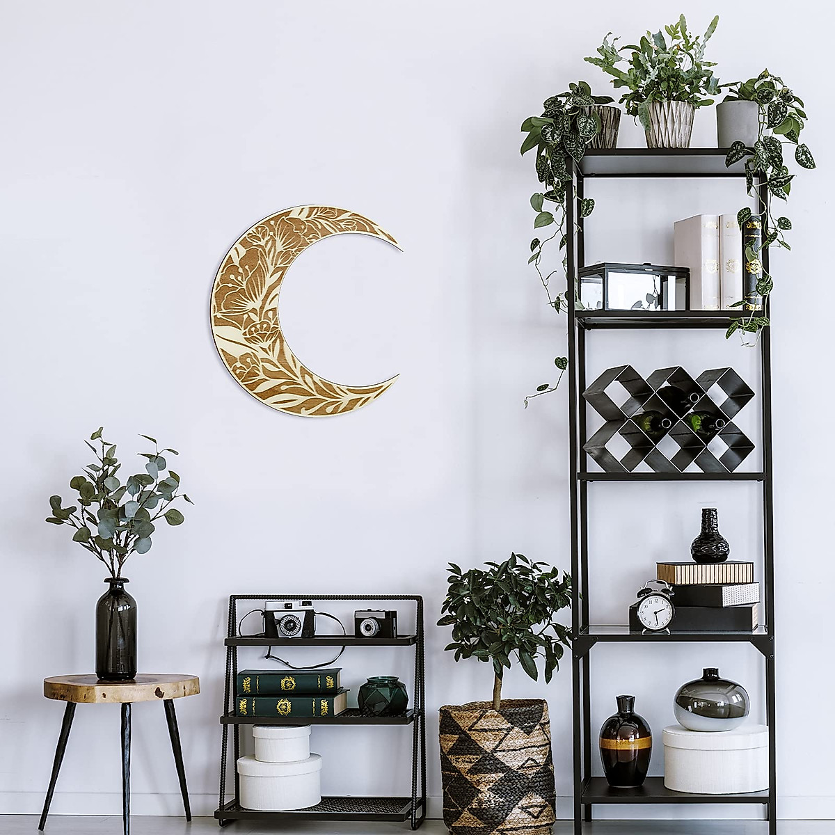 Moon Decor Rustic Moon Phase Bohemian Wall Art Nordic Wood Aesthetic Bedroom Wall Art Natural Design Wall Hanging Beautiful Moon Sign with Flowers for Home Apartment Living Room Wall Gallery Decor