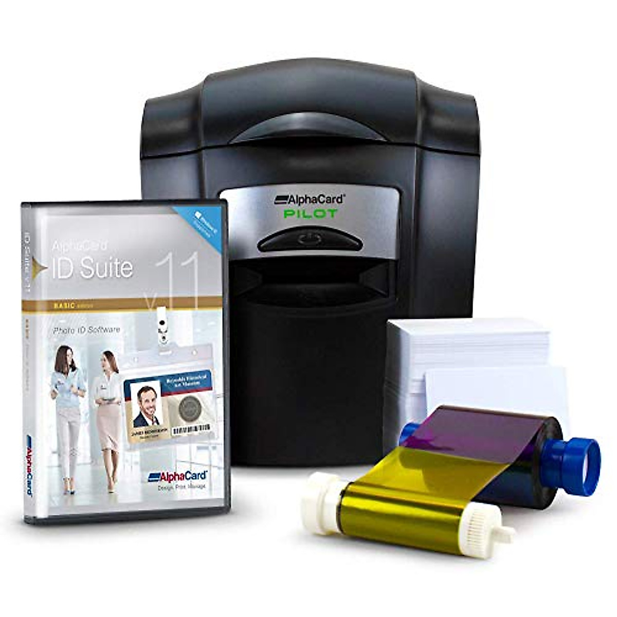 Complete AlphaCard ID Card Printer Bundle: AlphaCard Pilot ID Printer, AlphaCard ID Software, ID Supplies (Complete Bundle for PCs, Pilot Printer)