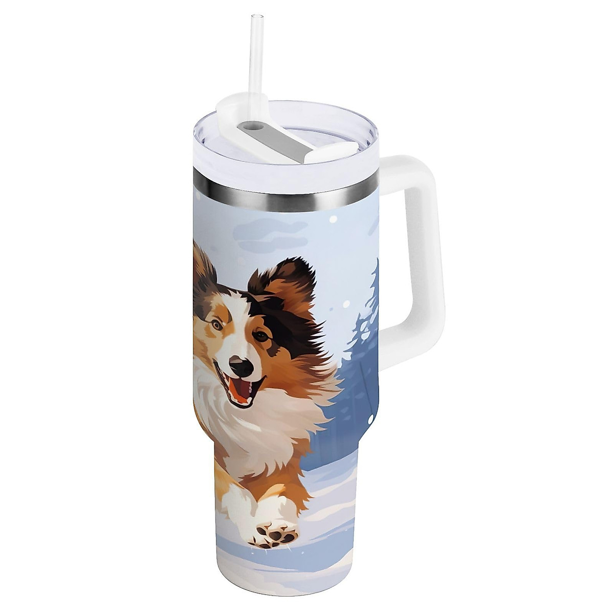 MCHIVER White Cute Sheltie Snow Tumbler with Lid and Straw 40 oz Insulated Water Bottle Leakproof Tumblers for Coffee Water Tea