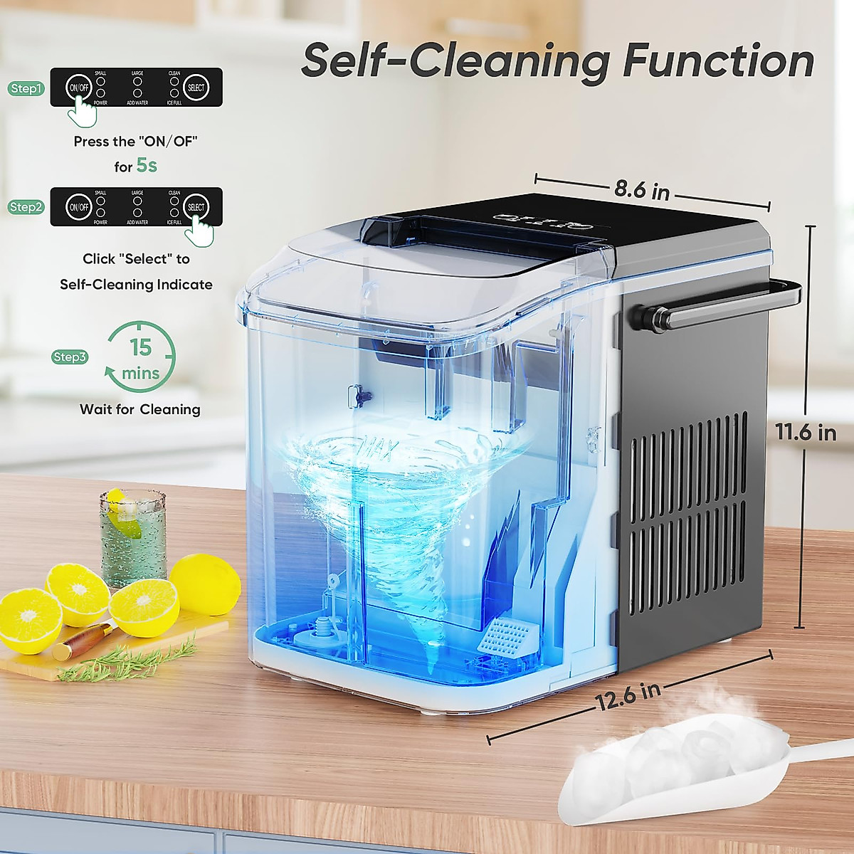 ANTONIA Countertop Ice Maker, Nugget Portable Ice Machine, 9 Bullet Ice Cubes in 6 Mins, 26.5lbs in 24Hrs Self-Cleaning with Handle, Basket, Scoop for Home, Kitchen/Party/Camping/RV. - Black