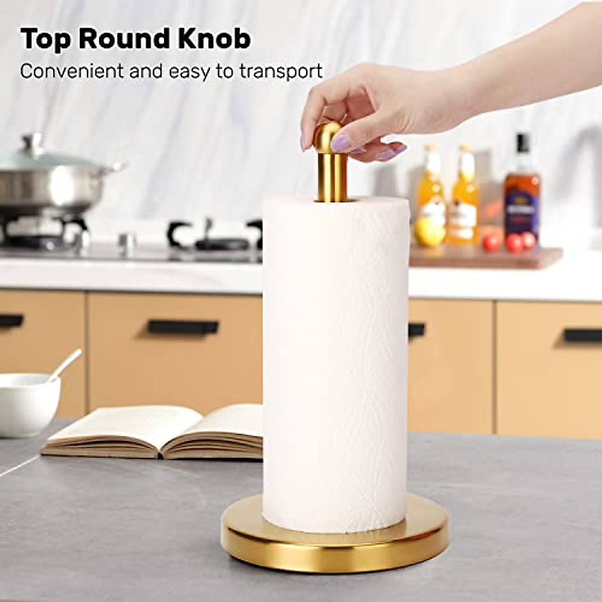 Paper Towel Holder Stand with Sturdy Base Fits Standard and Jumbo Sized Paper Towel, Paper Towel Holder Countertop (Gold)
