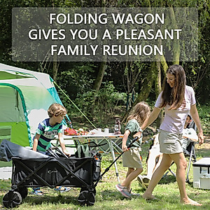 Portal Folding Collapsible Beach Wagon Utility Outdoor Camping Cart with 8" Big Wheels & Adjustable Handle, Large Capacity Foldable Grocery Wagon for Garden Beach Wagon, Black