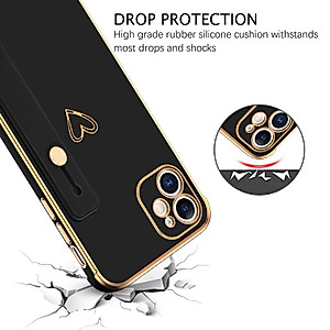 BENTOBEN for iPhone 12 Mini Case, Cute Heart Adjustable Strap Wristband Kickstand Holder Shockproof Protective Soft TPU Luxury Plating Raised Trim Girls Women Phone Case for iPhone 12 Mini, Black