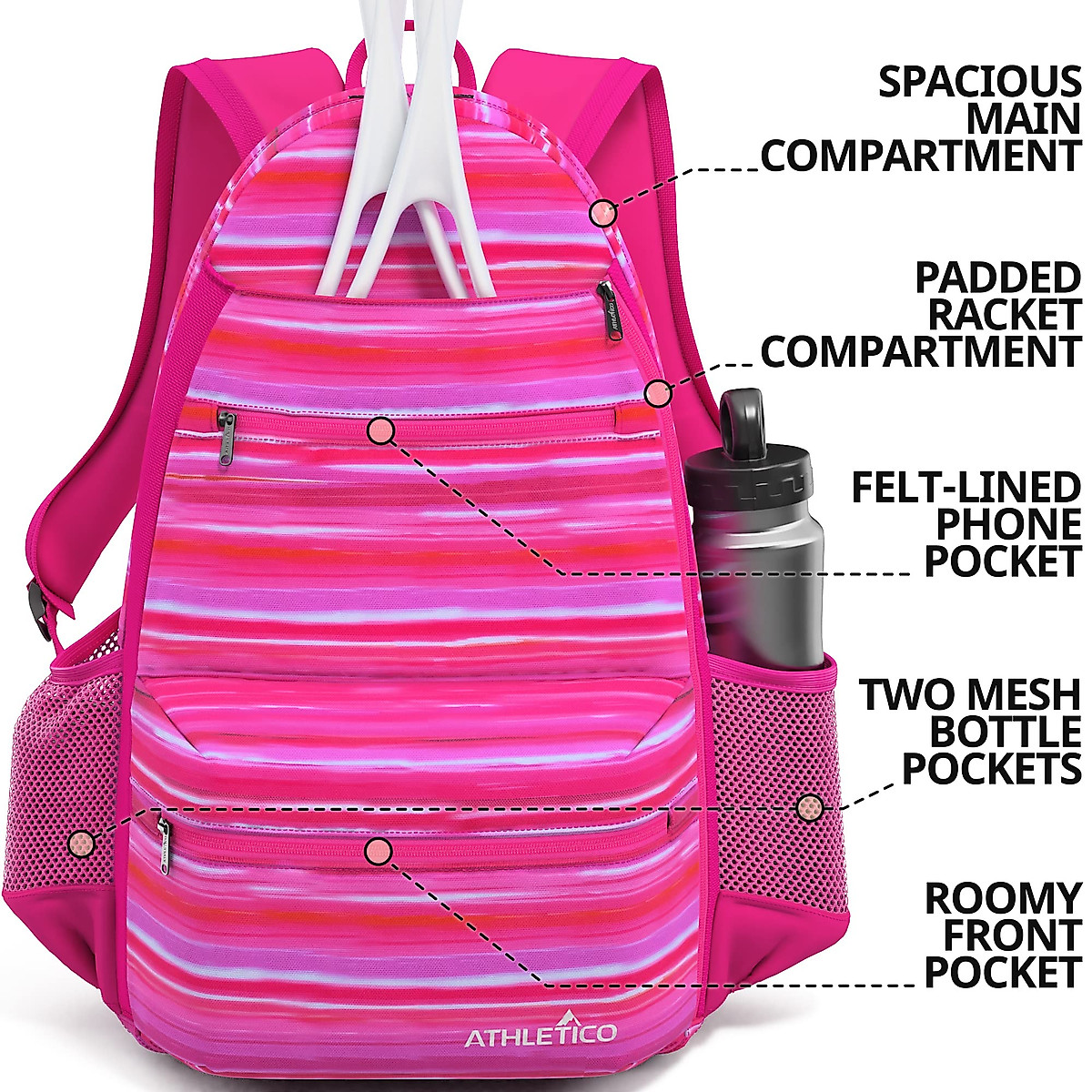 Athletico City Tennis Bag - Tennis Backpack for Men & Women Holds 2 Tennis Rackets and Shoes - Tennis Bags With Racquet Holder For Tennis, Pickleball, Squash & Badminton - Tennis Bags for Women (Pink)