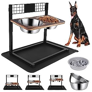Ciconira Metal Elevated Dog Bowls with Slow Feeder & Spillproof Mat, 8°Tilted Raised Dog Bowl Stand with Two 1.3L Stainless Steel Dog Food Water Bowls,4 Height Adjustable for Large Medium, Small Dogs