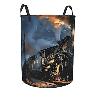 HSYOYO Train Laundry Basket Collapsible Laundry Hamper Large Round Laundry Storage Basket with Handles Waterproof Laundry Organizer Bag for Clothes Toy Bedroom Nursery