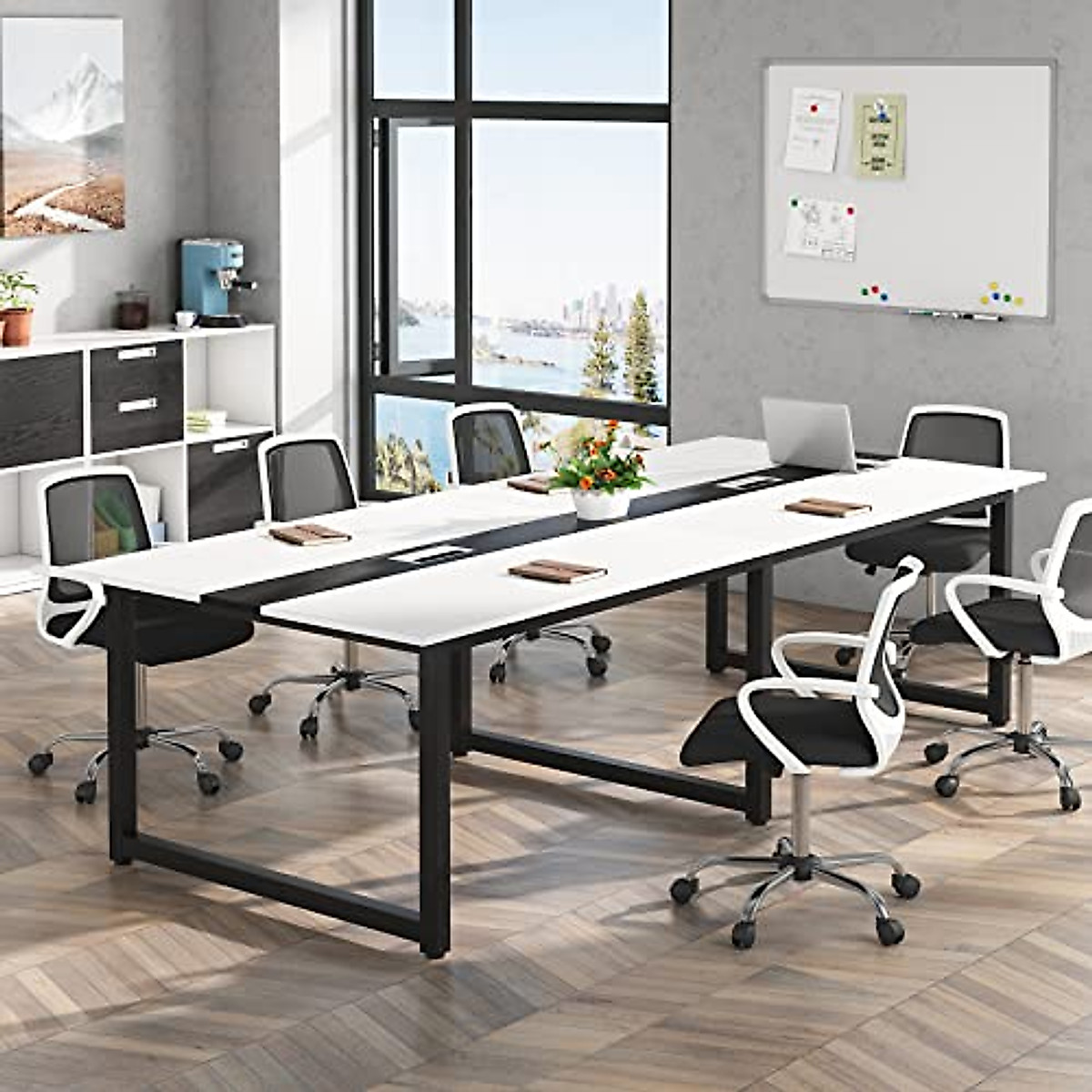 Tribesigns 8FT Rectangle Conference Table, 94.49L x 47.24W x 29.53H Inches Large Meeting Table Seminar Table for Office Conference Room, Modern Wood Training Table with Strong Metal Frame (White)