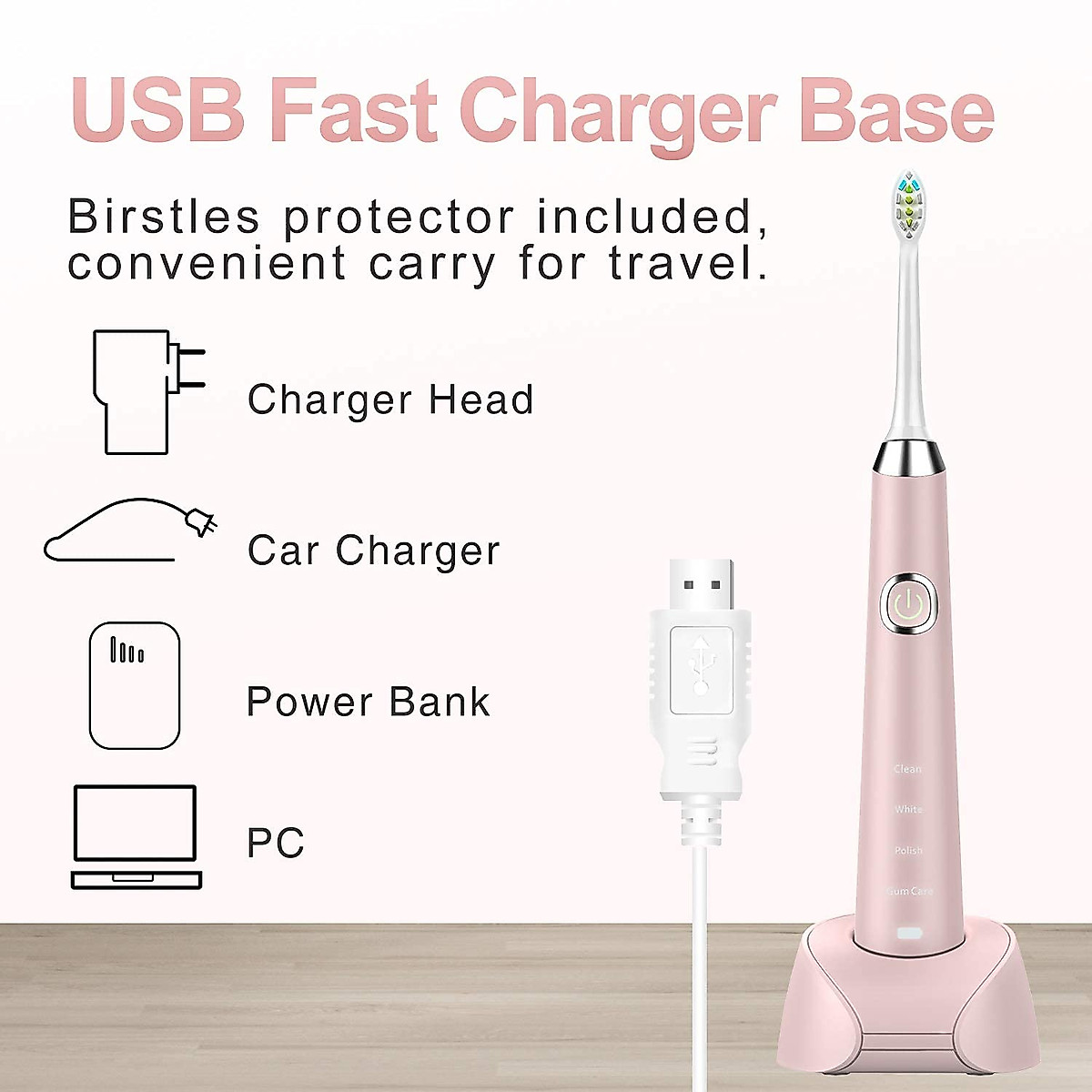 HINNEX Sonic Electric Toothbrush H3 Series Rechargeable Power 4 Modes with Smart Timer for Tooth and Gum Care, 1 Holder and 2 Replacement Brush Heads, Oral Care Whitening (Pink)