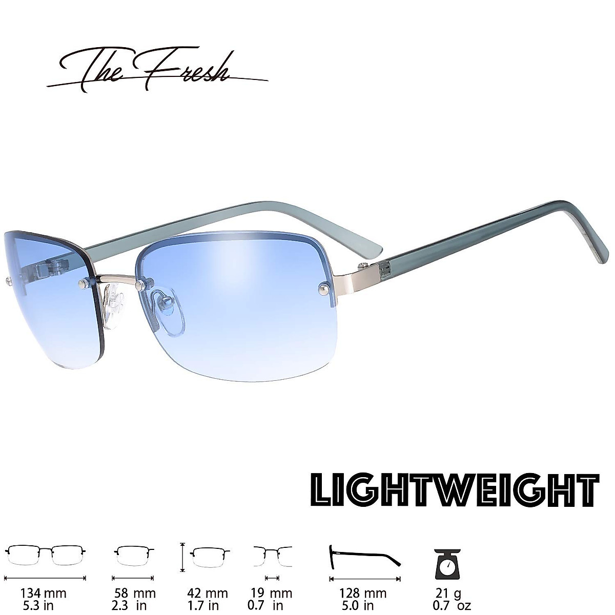 The Fresh Minimalist Semi-rimless Rectangular Sunglasses for Men Women - Exquisite Packaging (605b-Siver (Light Blue Temple), Gradient Blue)