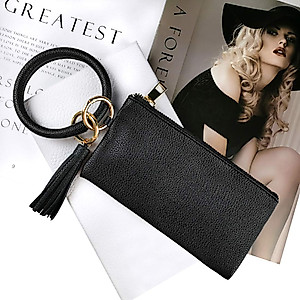 Women's Round Key Ring Wristlet Clutch Wallet, Lightweight Leather Wristlet Purse Bag with Bracelet Circle Keyring (Black) Medium