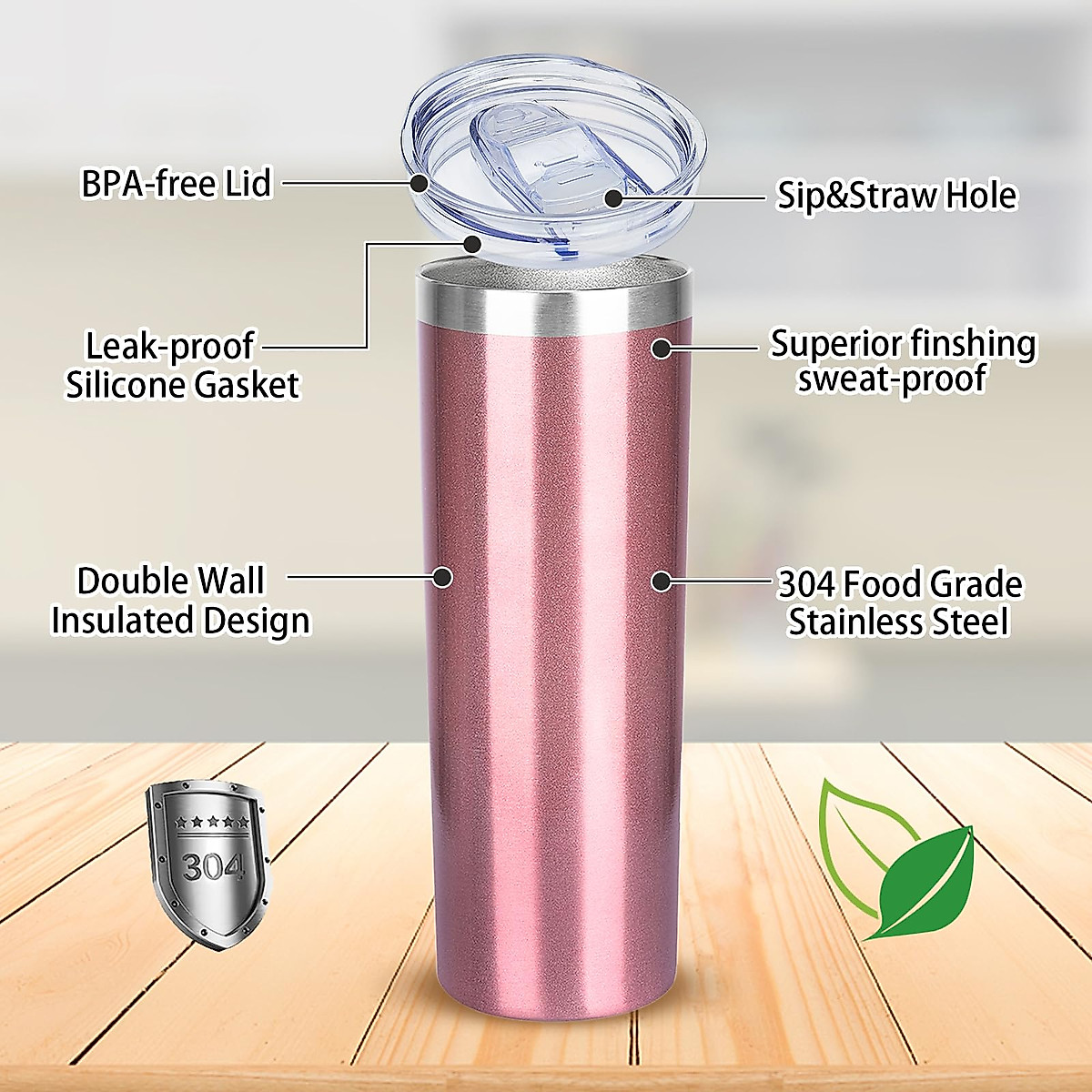 FristChoice 20 oz Skinny Tumblers with Lid and Straw,Stainless Steel Vacuum Insulated Tumbler Cup Double Wall Travel Coffee Mug, Thermal Water Tumbler for Hot and Cold Drinks(Rose Gold,1)