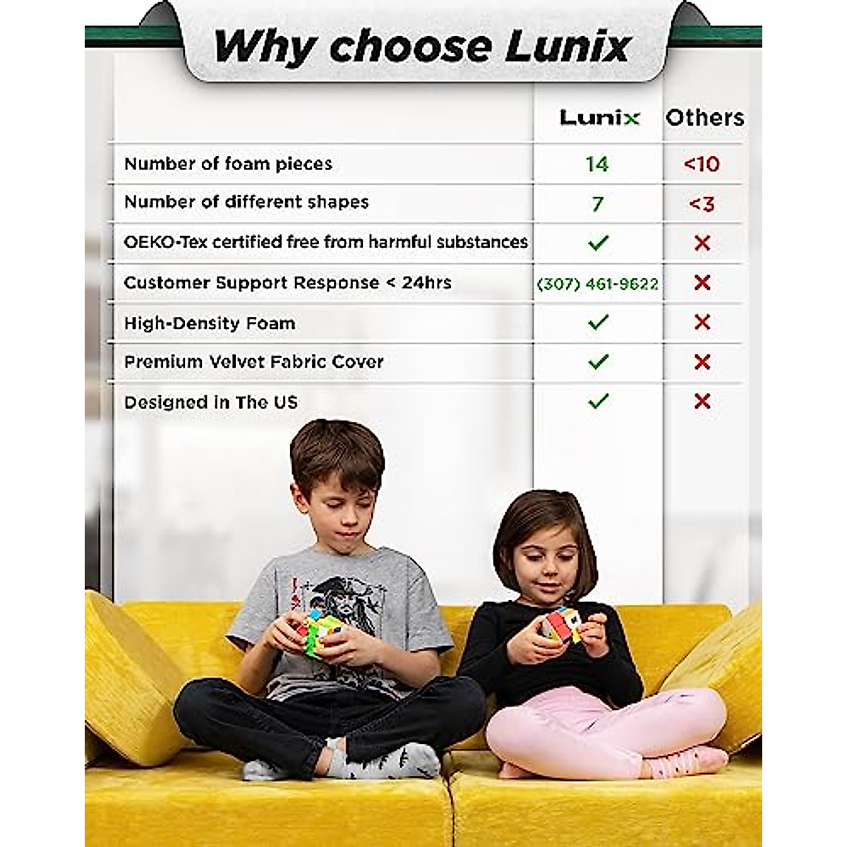 Lunix LX15 14pcs Modular Kids Play Couch, Child Sectional Sofa, Fortplay Bedroom and Playroom Furniture for Toddlers, Convertible Foam and Floor Cushion for Boys and Girls, Yellow