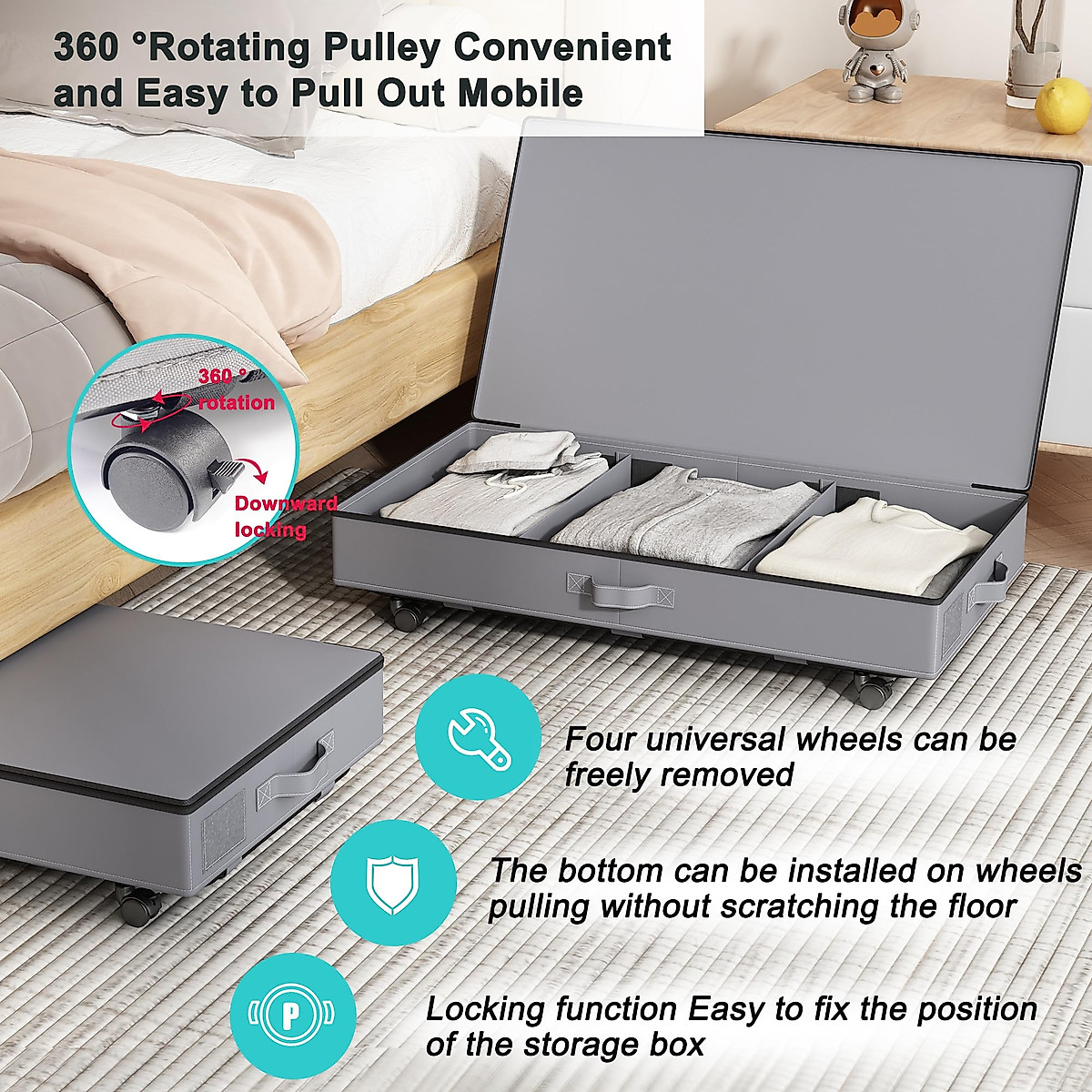 BEESTMUEBLE 2Pack Under Bed Storage, 53 L Under Bed Storage Containers with Wheels and Lids, Thicken 600D Oxford Cloth Under the Bed Organizer with Handles for Blankets, Pillows and Clothes, Grey