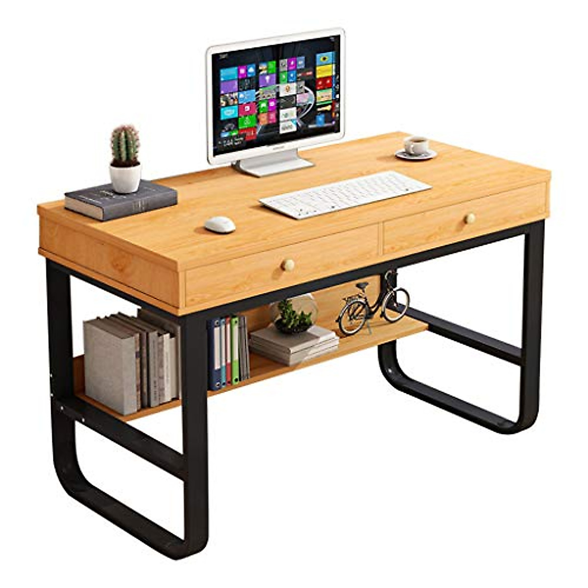 Desktop Computer Desk with 2 Drawers, Home Office Multi-Layer Storage Frame Study Writing Table Computer Gaming Table, Student Study Workstation Reading Writing Desk PC Laptop Table