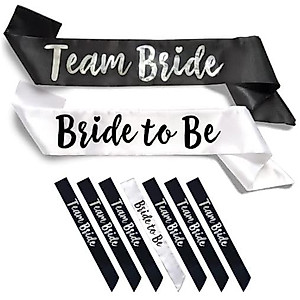 Team Bride 7pc Satin Sash Set - Sophisticated & Fun Party Favors for Bachelorette Party, Bridal Shower & Wedding Party (7pc Set, White & Black)