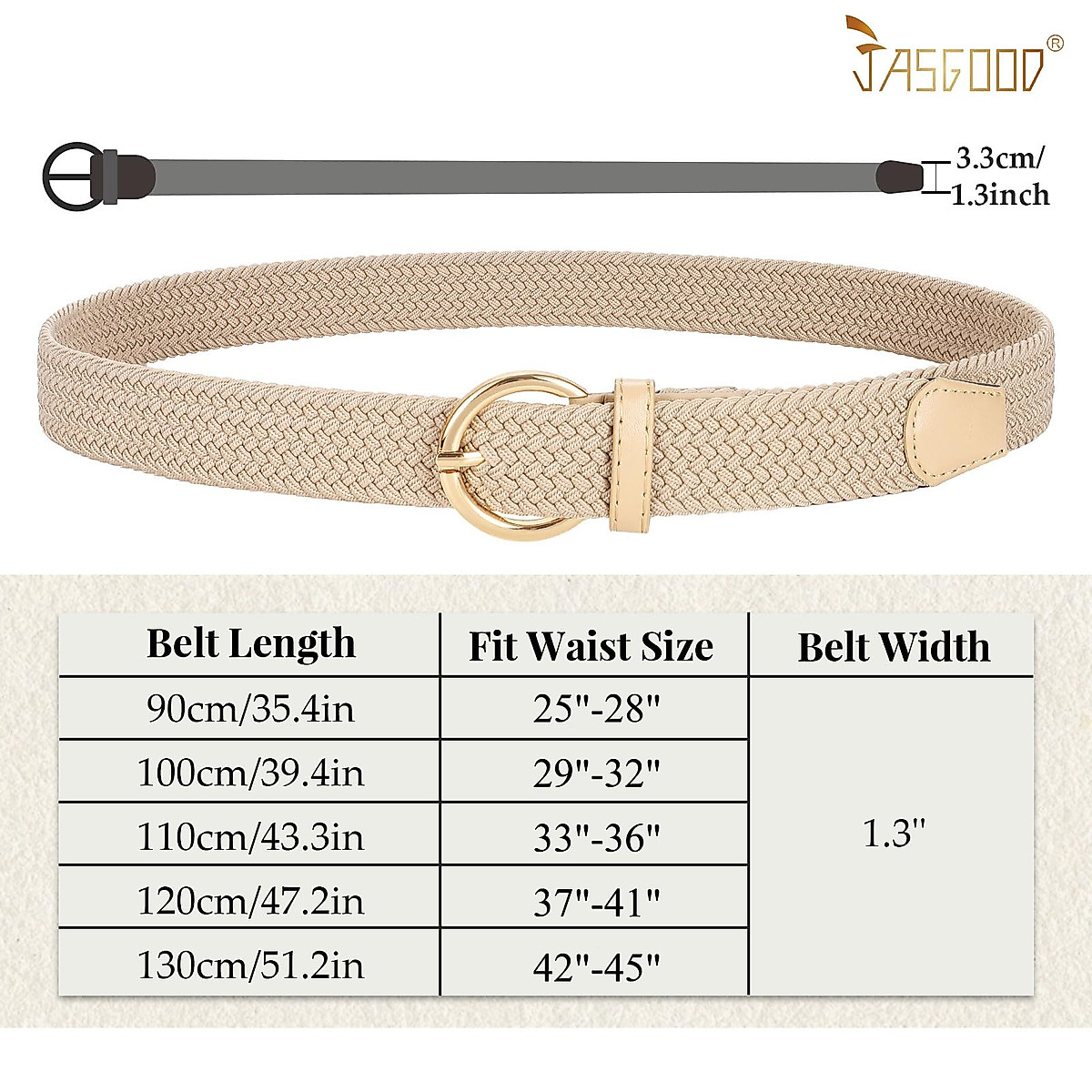 JASGOOD Women Braided Woven Elastic Stretch Belt Canvas Casual Belt for Jeans Pants, A-Beige