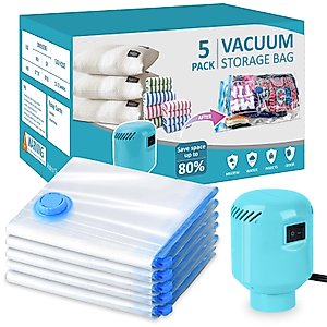 BAMCOO Vacuum Sealed Bags for Clothing with Electric Pump, 5 Pack Large 32"x 24" Vacuum Storage Bags for Travel Bedding Comforters Blankets Space Saver Vacuum Storage Bags
