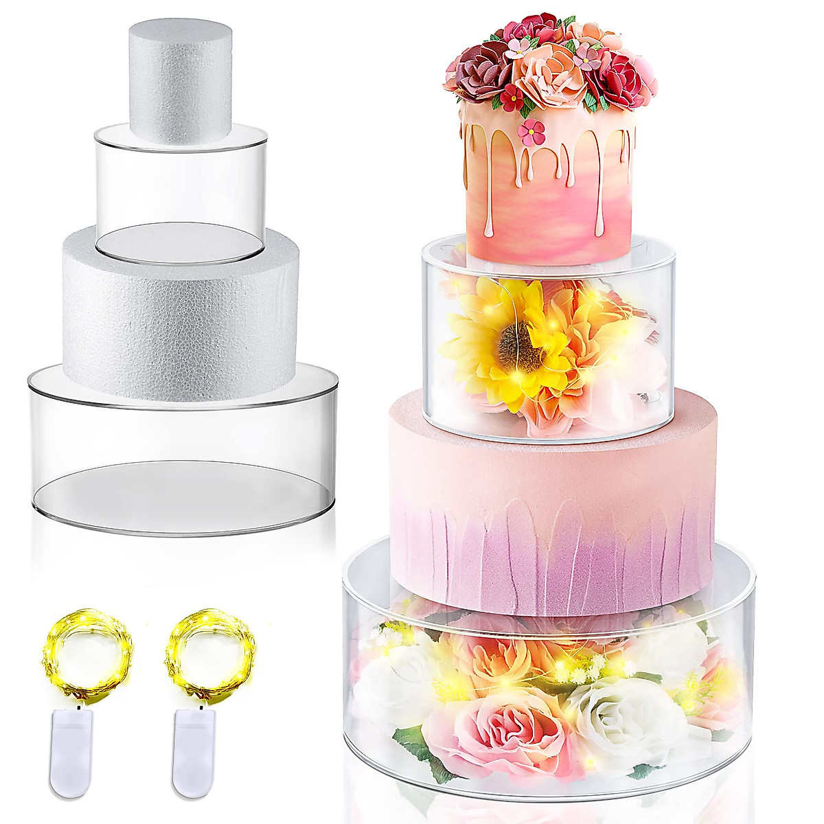 Tanlade 2 Pcs Clear Acrylic Fillable Cake Stand with 2 Pcs Round Foam Cake Dummies and 2 String Lights Clear Cake Riser 10 x 4'', 6 x 4'' 6pcs Fake Cake Decorative Centerpiece for Wedding Birthday
