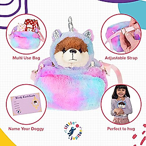 Over The Shoulder Pet Plush Bag w/Pug Stuffed Animal in Unicorn Stuffed Animals Disguise - Pug Plush Dog Stuffed Animals w/Birth Certificate - Puppy Stuffed Animal for Girls 4-5 - 6-7 yrs