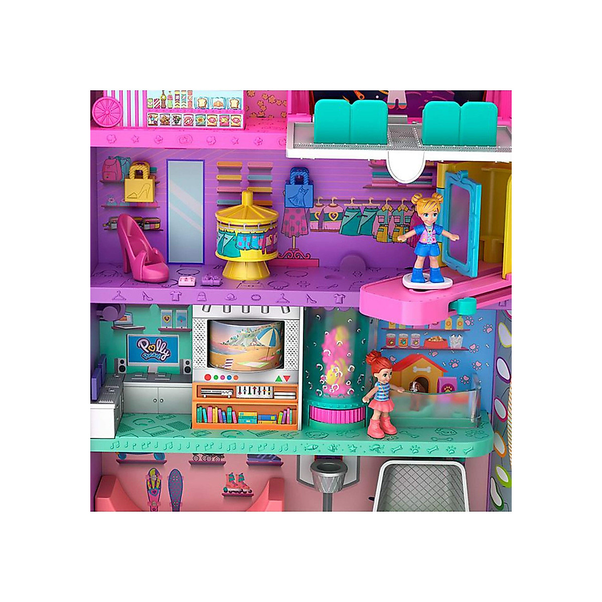Polly Pocket Mega Mall with 6 Floors, Elevator, Vehicle, Parking Garage, Micro Polly & Lila Dolls, Dog & Storytelling Play Pieces; for Ages 4 and Up