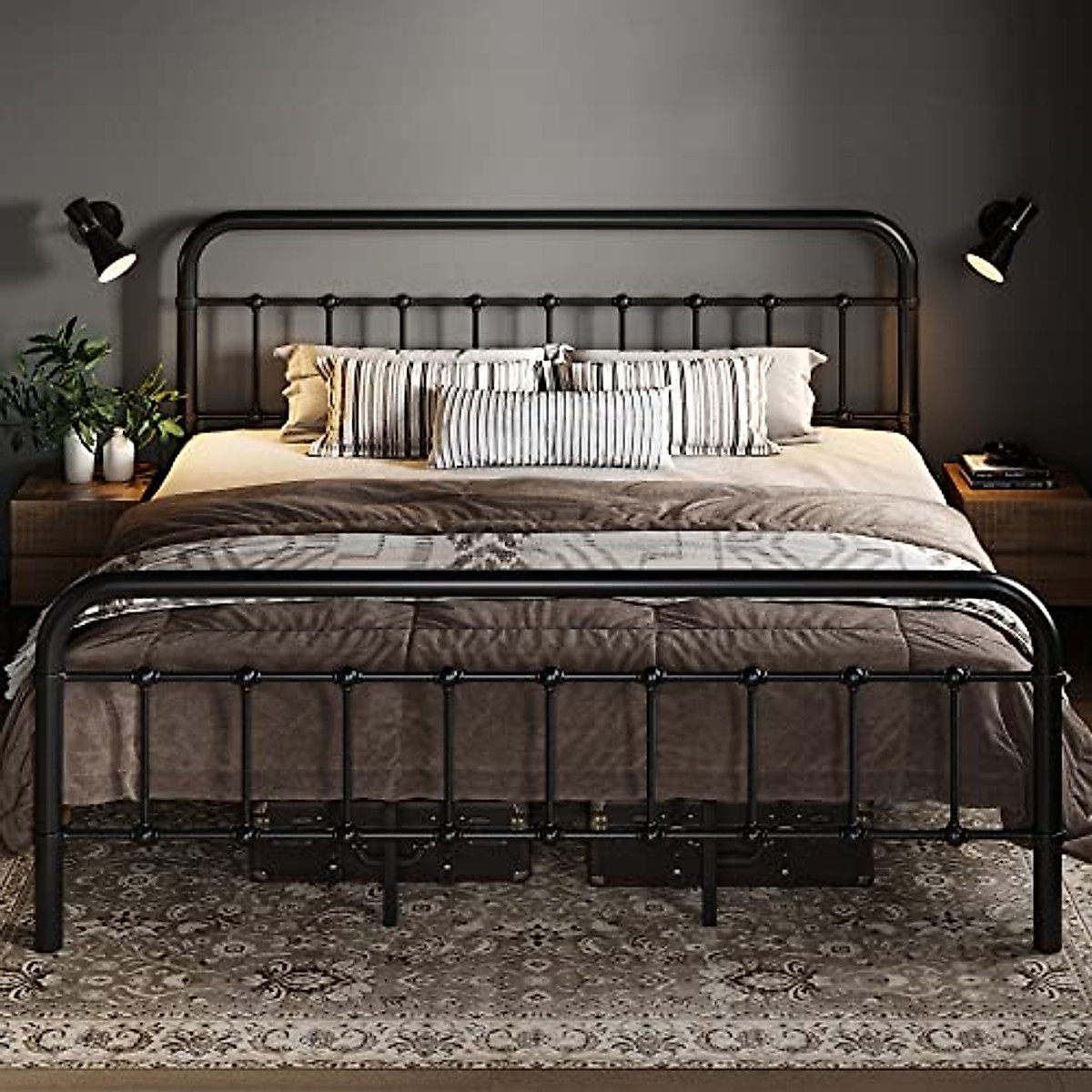 Allewie King Size Metal Platform Bed Frame with Victorian Style Wrought Iron-Art Headboard/Footboard, No Box Spring Required，Black