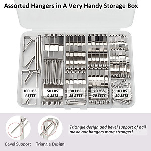 136Pcs Picture Hangers, 5 Sizes Hanging Kits Including 10/20/30/50/100lb Hooks, Sorted With Nails for Drywall Wooden Wall in Handy Storage Case (Silver)