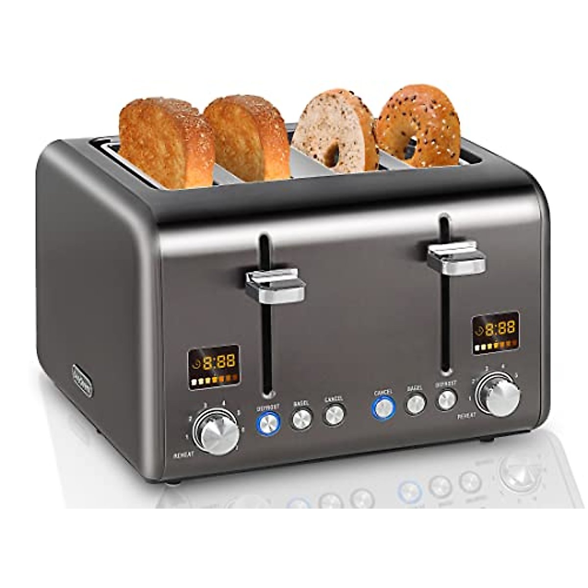 SEEDEEM Toaster 4 Slice, Stainless Steel Bread Toaster with Colorful LCD Display, 7 Bread Shade Settings, 1.4'' Wide Slots Toaster with Bagel/Defrost/Reheat Functions, Removable Crumb Tray, Dark Metallic, 1800W