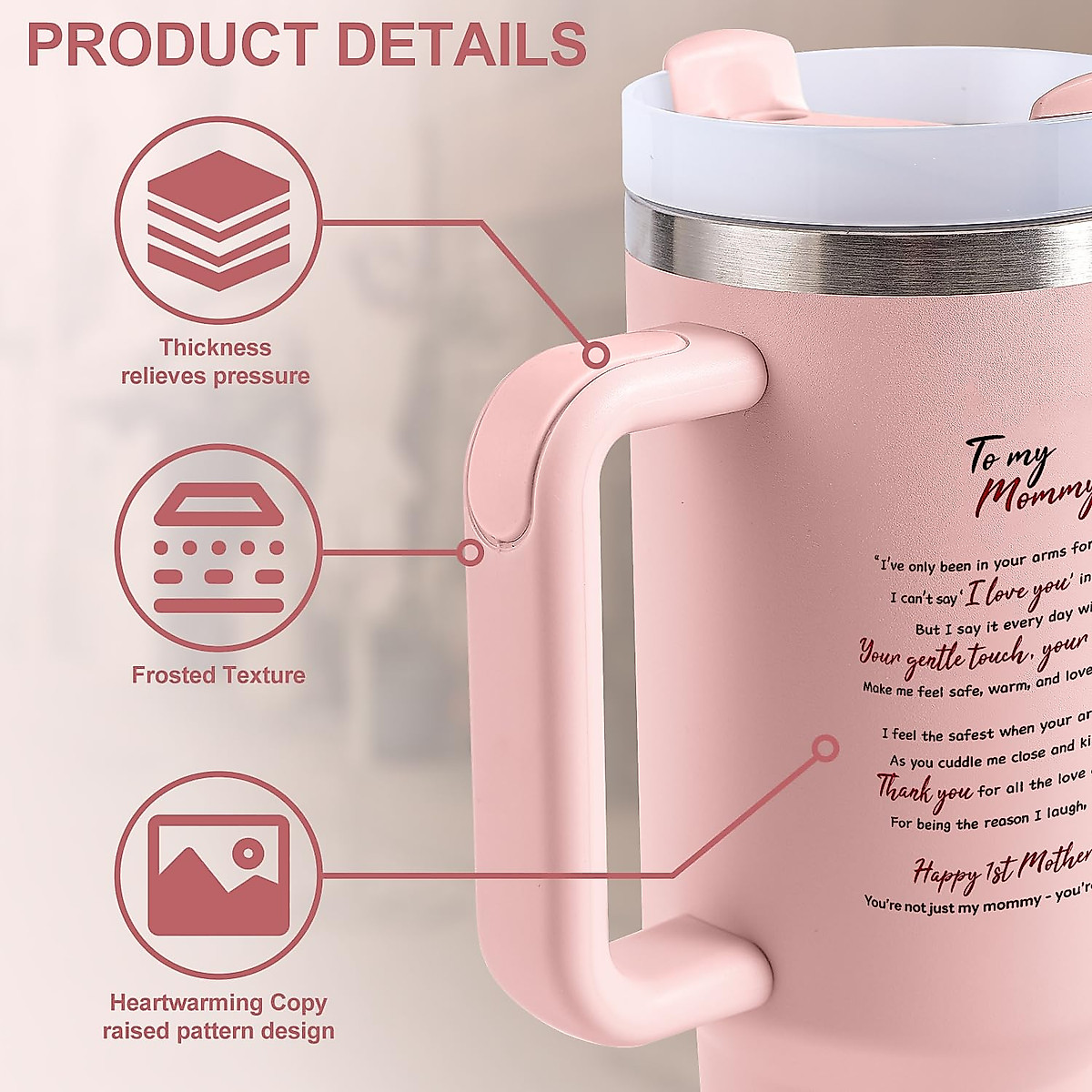 VoziSpace First Mothers Day Gifts – Happy 1st Mother’s Day Tumbler 40oz – Stainless Steel Cup with Lid & Straw – Insulated Coffee Travel Mug for Mom-to-Be, Baby Shower Gifts, New Mom Present