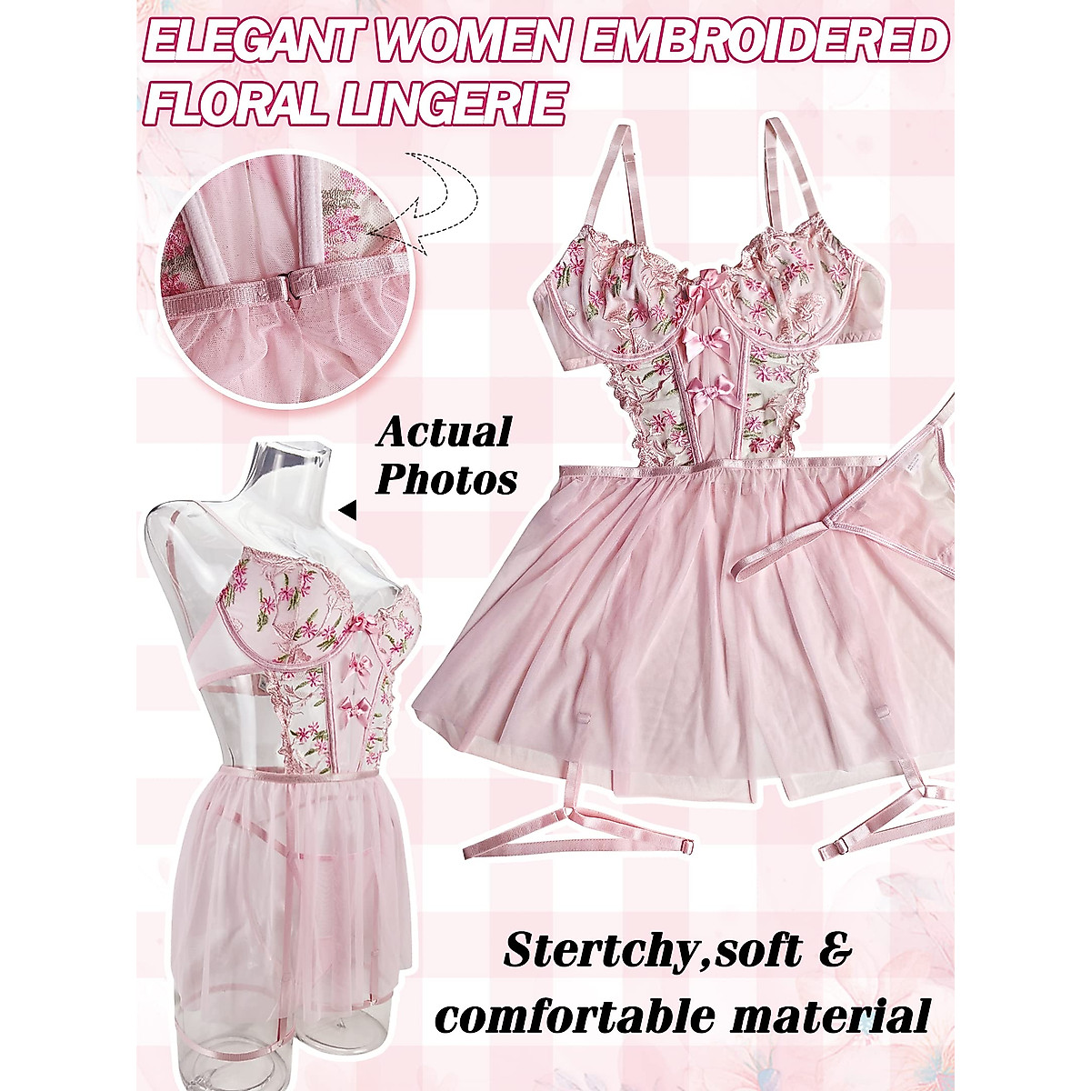 popiv Women Sexy Lace Lingerie Set Mesh Floral Bow Tie Lingerie Pink