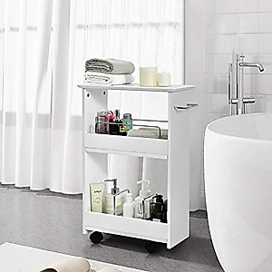 GOFLAME Slim Bathroom Storage Cart, Wooden Storage Shelf with Towel Bar and Side Handle, Storage Cabinet Organizer with Rolling Casters for Bathroom, Laundry, Kitchen