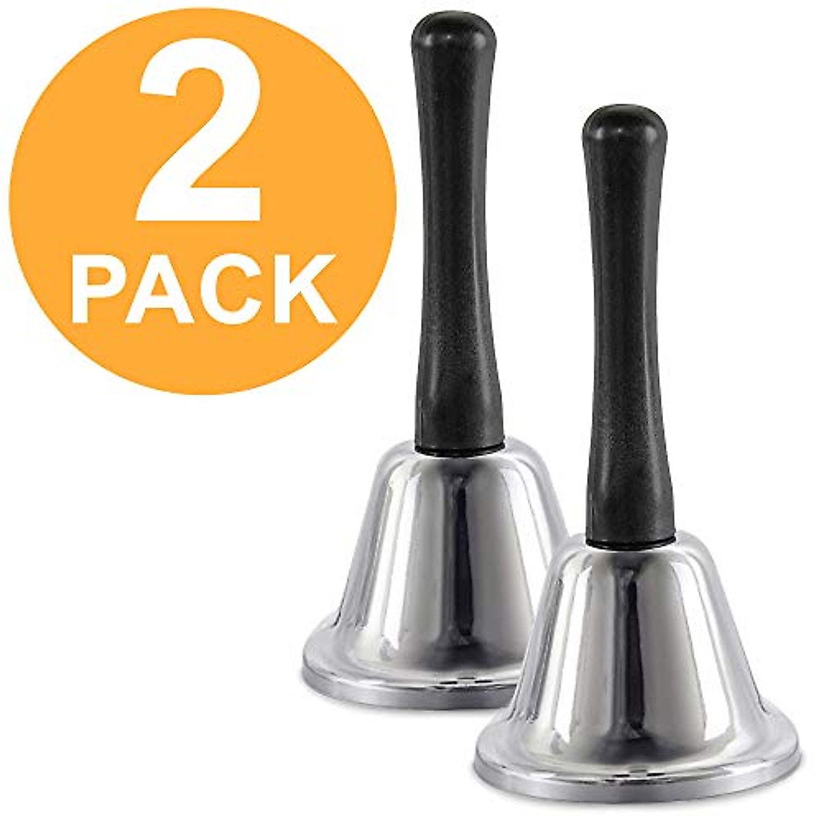 [2 Pack] Silver Steel Call Bells with Handle - Hand Bell Ring, Bed Alarm Elderly Assistance, School Teacher Classroom Doorbell, Office Reception Desk Restaurant Counter Tea Table Ringer Instrument