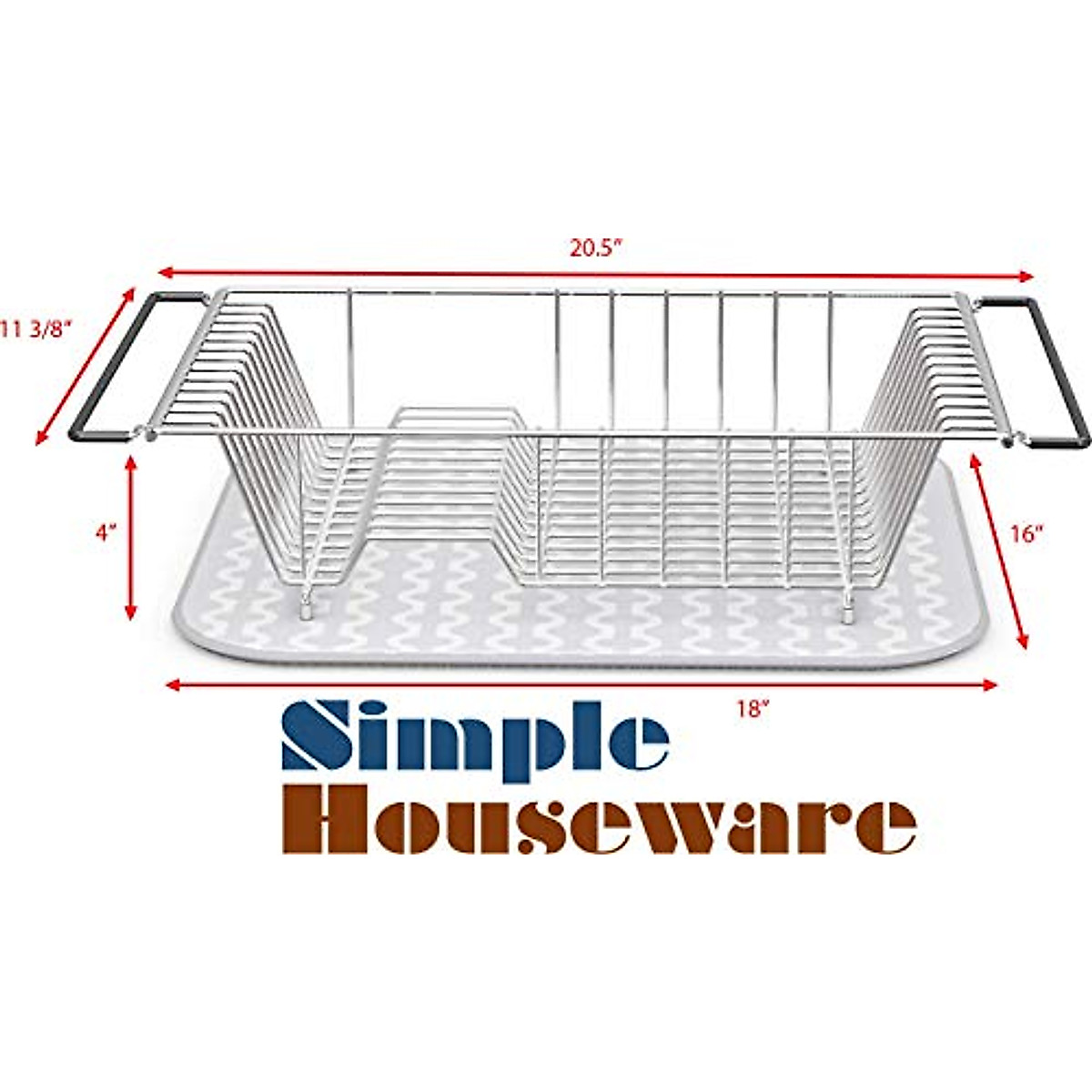 Simple Houseware Large Over Sink Counter Top Dish Drainer Drying Rack with Drying Mat and Utensil Holder, Chrome