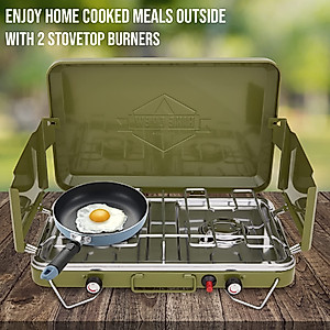 Hike Crew Gas Camping Stove | 20,000 BTU Portable Propane 2 Burner Stovetop | Integrated Igniter & Stainless Steel Drip Tray | Built-in Carrying Handle, Foldable Legs, Wind Panels | Includes Regulator