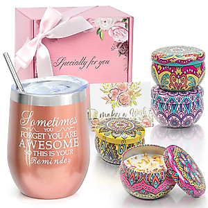 Birthday Gifts for Women Unique Gifts for Women Funny Gifts for Women Mom Best Friend Insulated Wine Tumbler and Candles 4 Pack Gift Set Box Basket