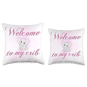 Girl's Crib Decorative Pillows Elephant Theme Pink Welcome to My Crib I Cute Rose Grey White Baby Shower Gift Throw Pillow, 16x16, Multicolor