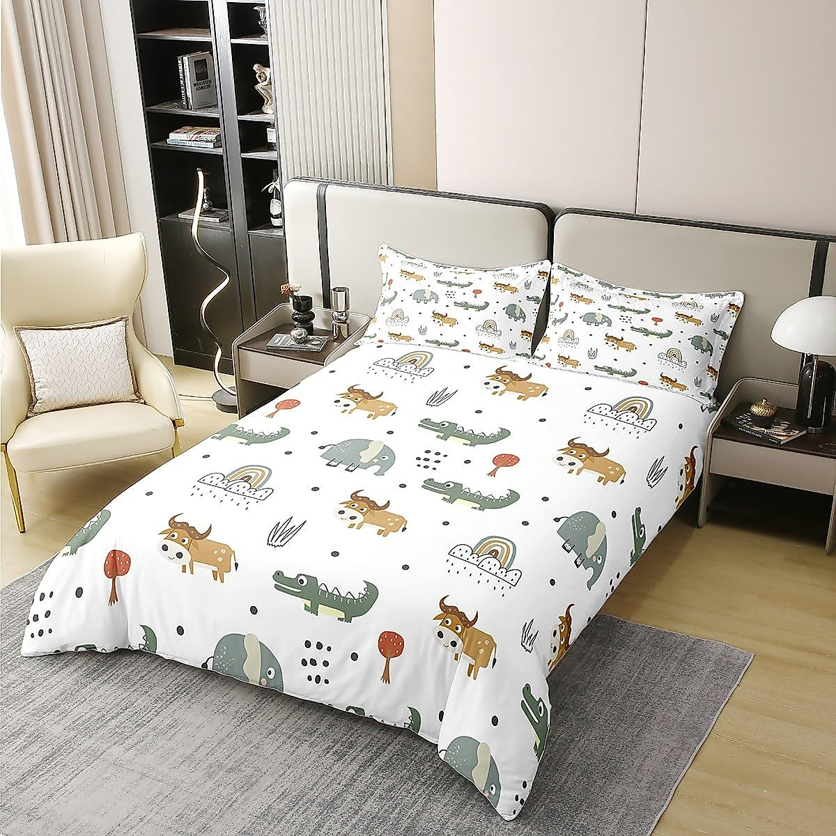 Cartoon Cows 100% Nature Cotton Duvet Cover,Boys Crocodile Elephant Farmhouse Animals Bedding Set for Room Decor,Watercolor Rainbow Jungle Plants All Season Bedding with Zipper Closure Twin Size
